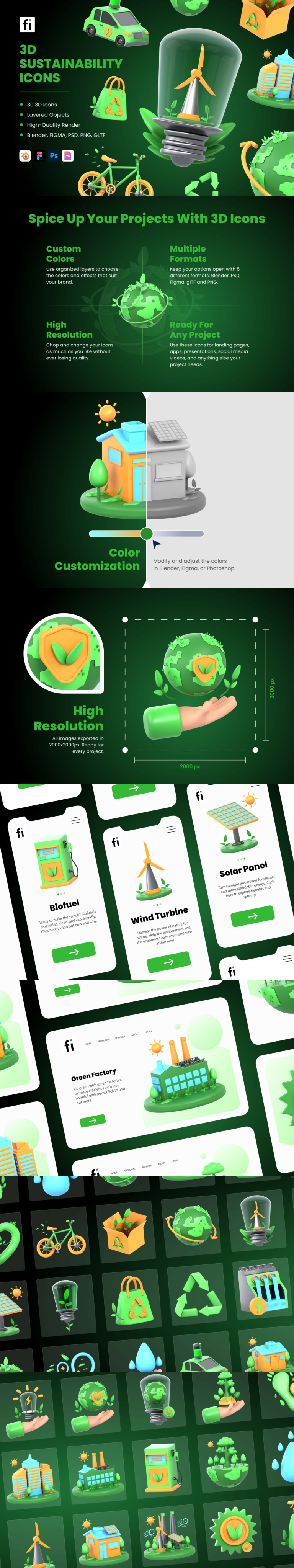 3D Sustainability Icon Set - Flat Icons