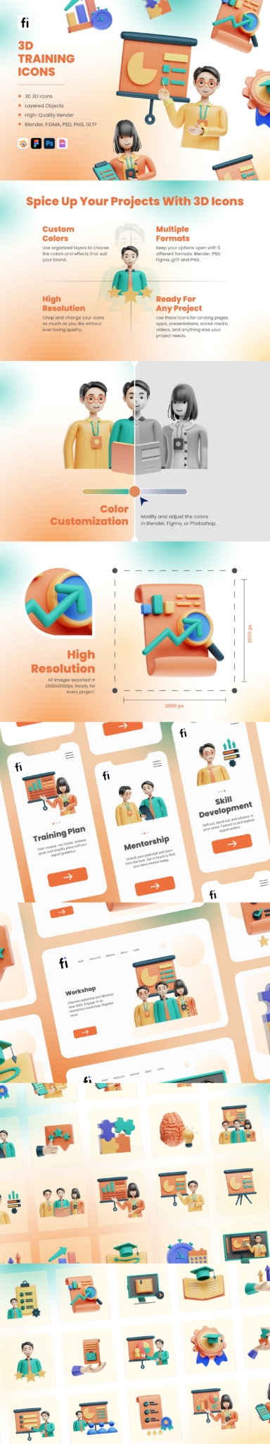 3D Training Icon Set - Flat Icons