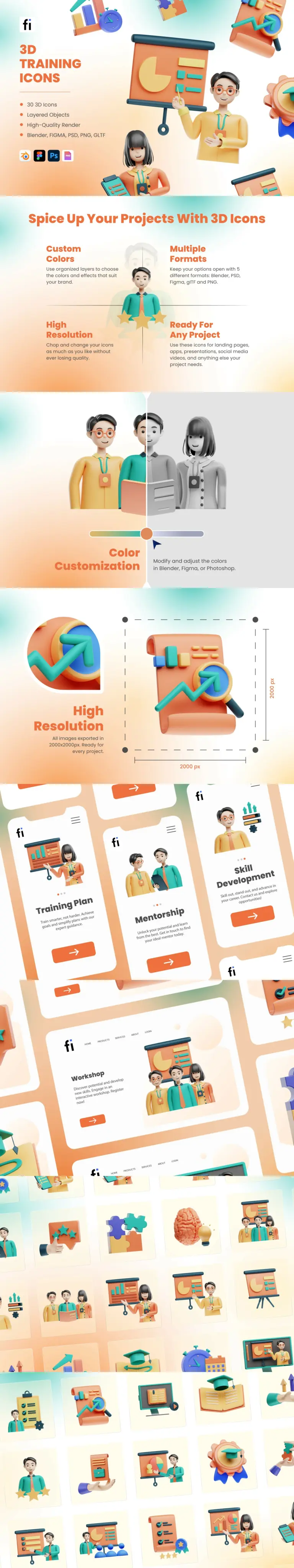 3D Training Icon Set - Flat Icons