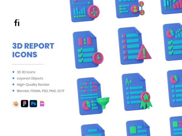 3D Report Icon Set - Flat Icons