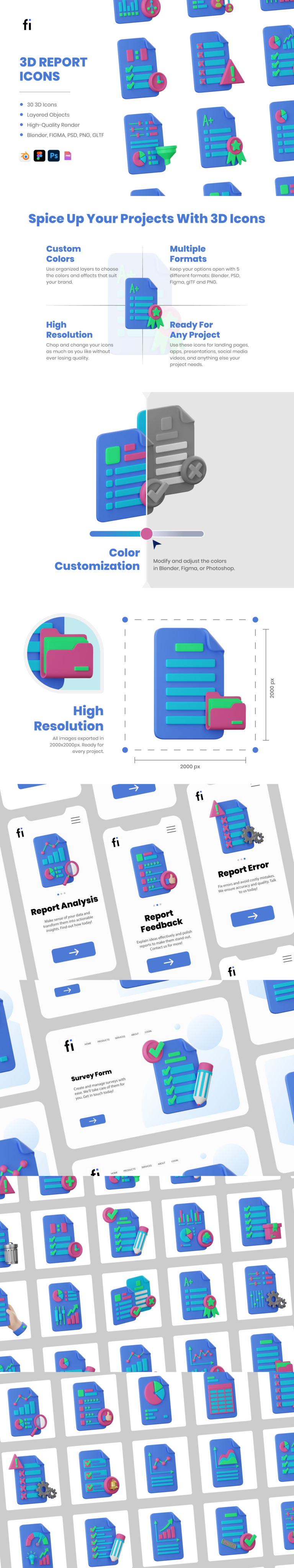 3D Report Icon Set - Flat Icons