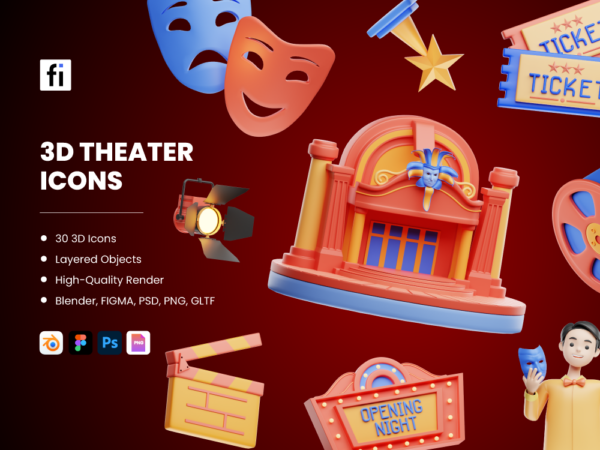 3D Theater Icon Set - Flat Icons