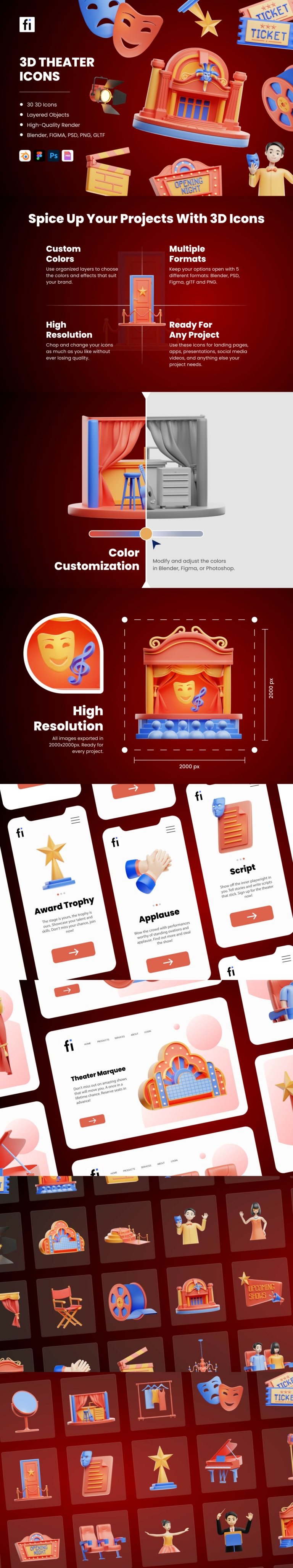 3D Theater Icon Set - Flat Icons