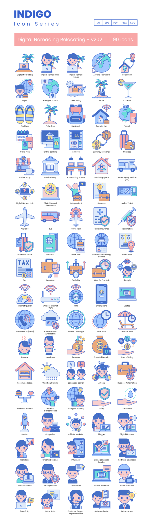 90 Digital Nomading Icon Set - Flat Icons
