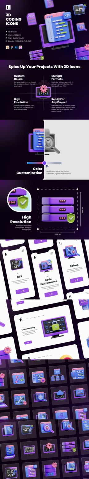 3D Coding Icon Set - Flat Icons