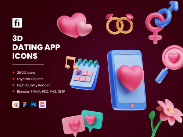 3D Dating App Icon Set - Flat Icons