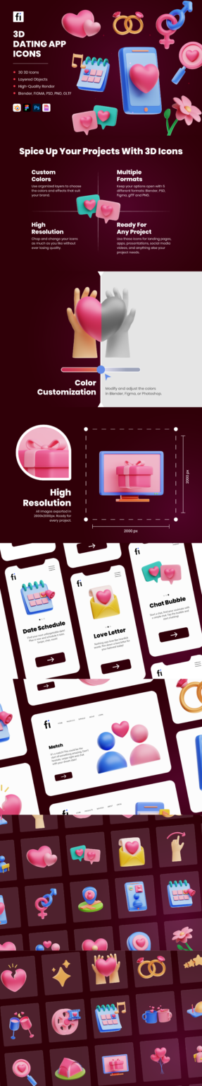3D Dating App Icon Set - Flat Icons