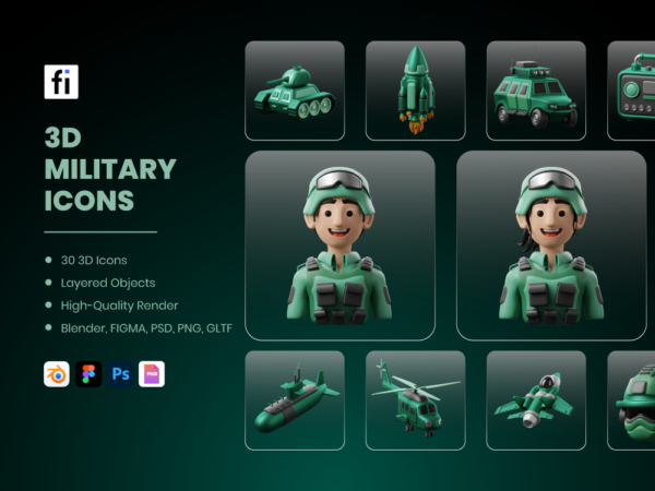 3D Military Icon Set - Flat Icons