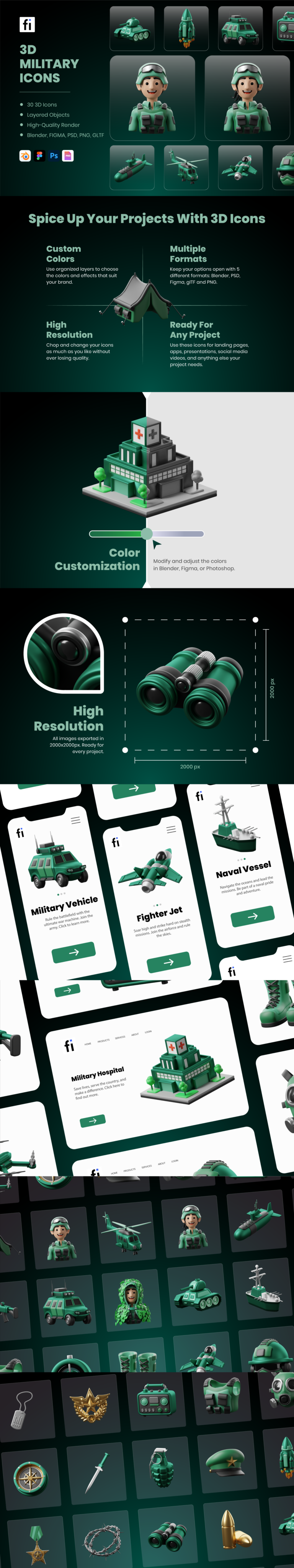 3D Military Icon Set - Flat Icons