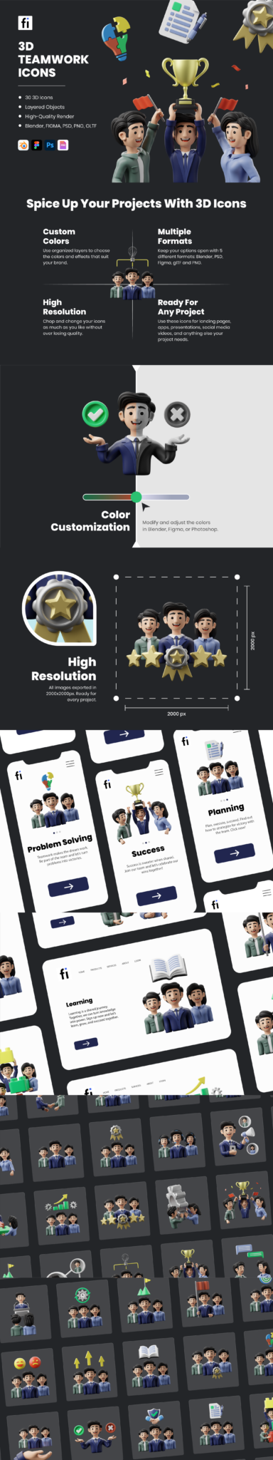 3D Teamwork Icon Set - Flat Icons