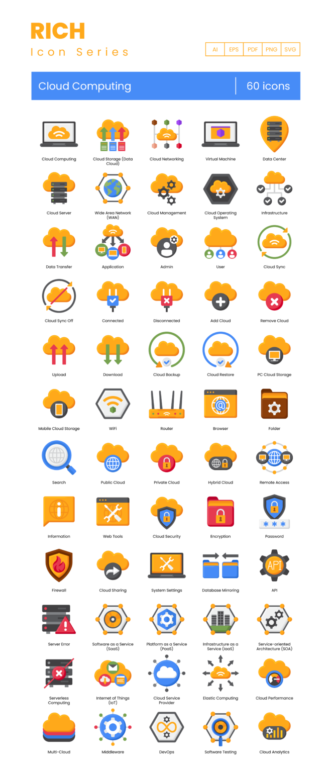 60 Cloud Technology Icon Set - Flat Icons