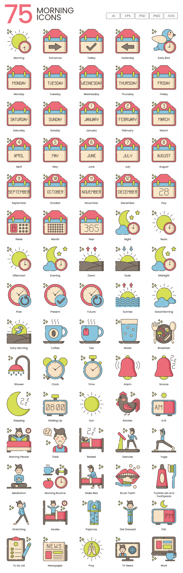 75 Morning Icon Set - Flat Icons