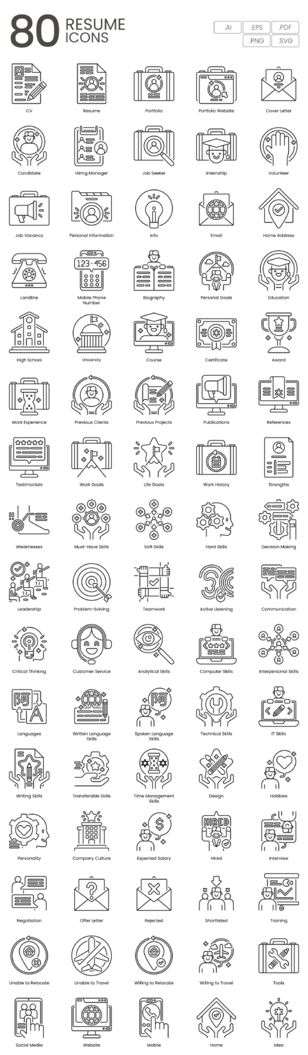 80 CV (Curriculum Vitae) Icon Set - Flat Icons