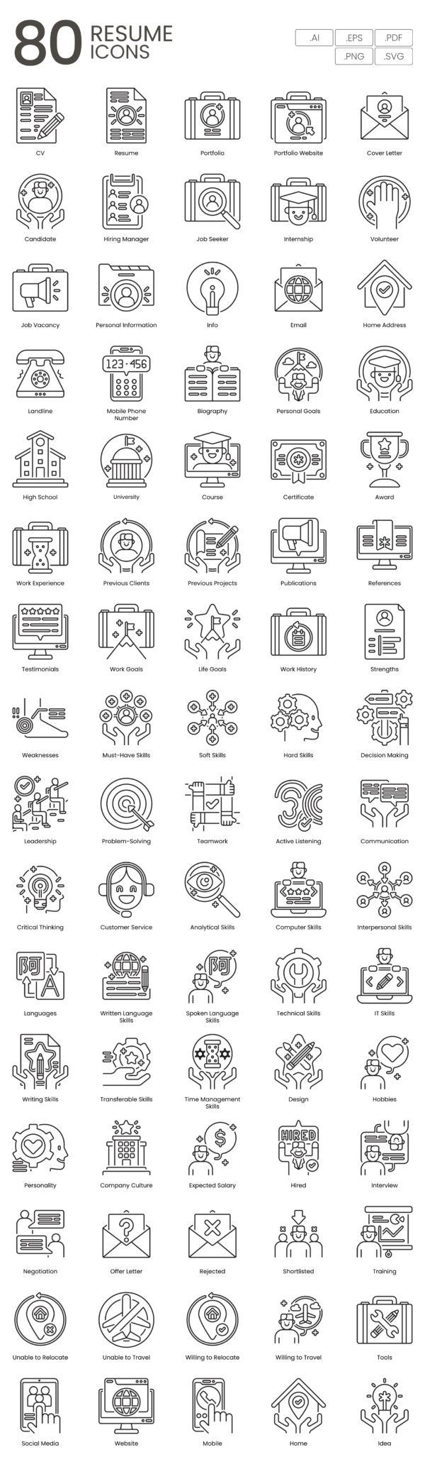 80 CV (Curriculum Vitae) Icon Set - Flat Icons