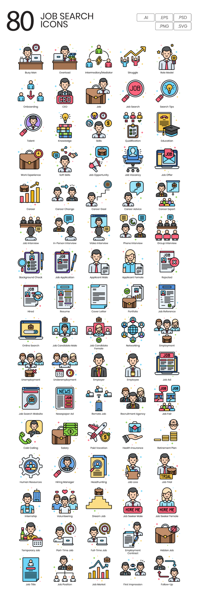 80 Job Search Icon Set - Flat Icons