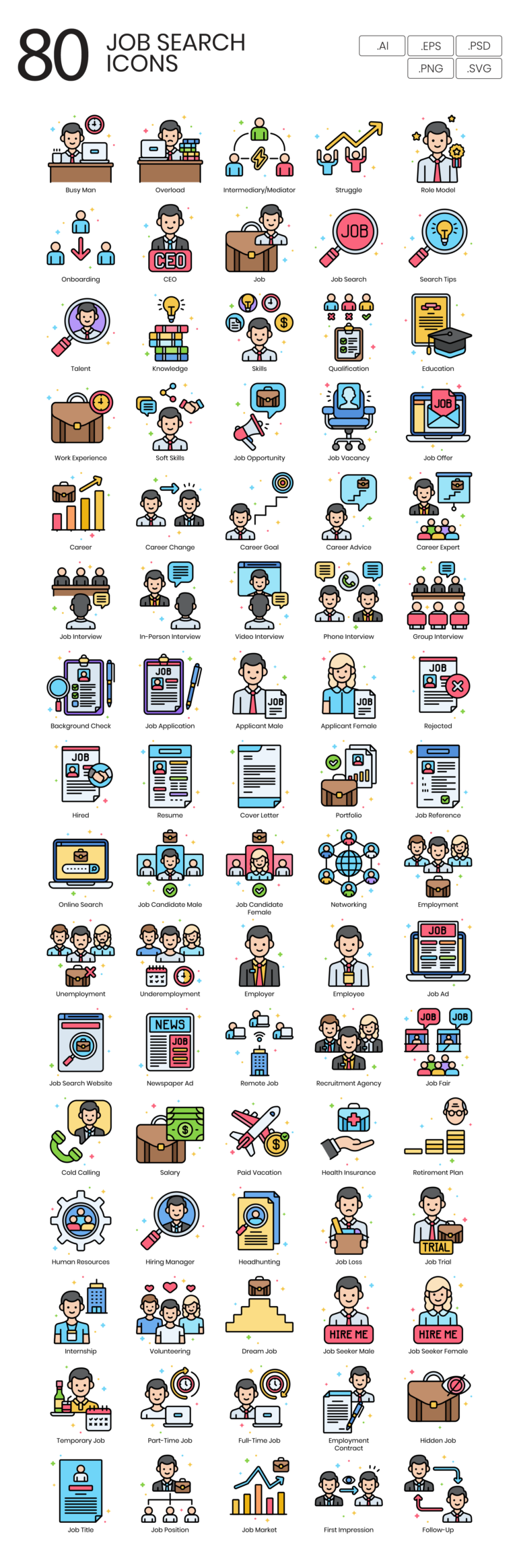 80 Job Search Icon Set - Flat Icons