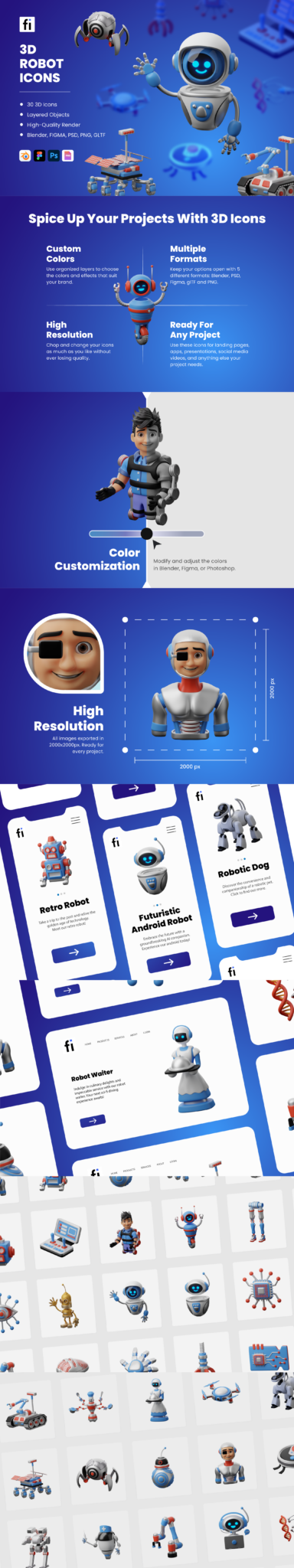 3D Robot Icon Set - Flat Icons