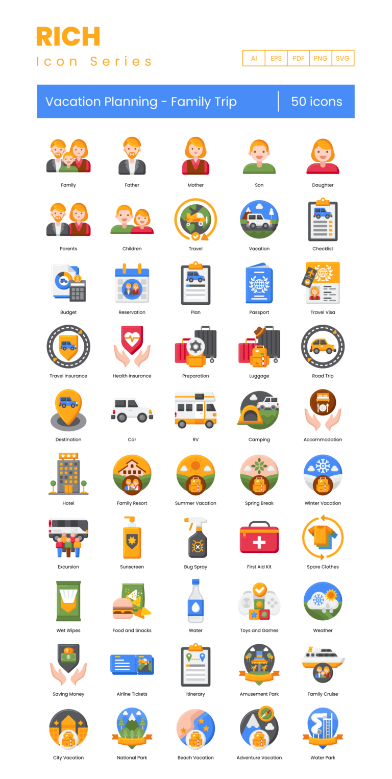 50 Family Vacation Icon Set - Flat Icons