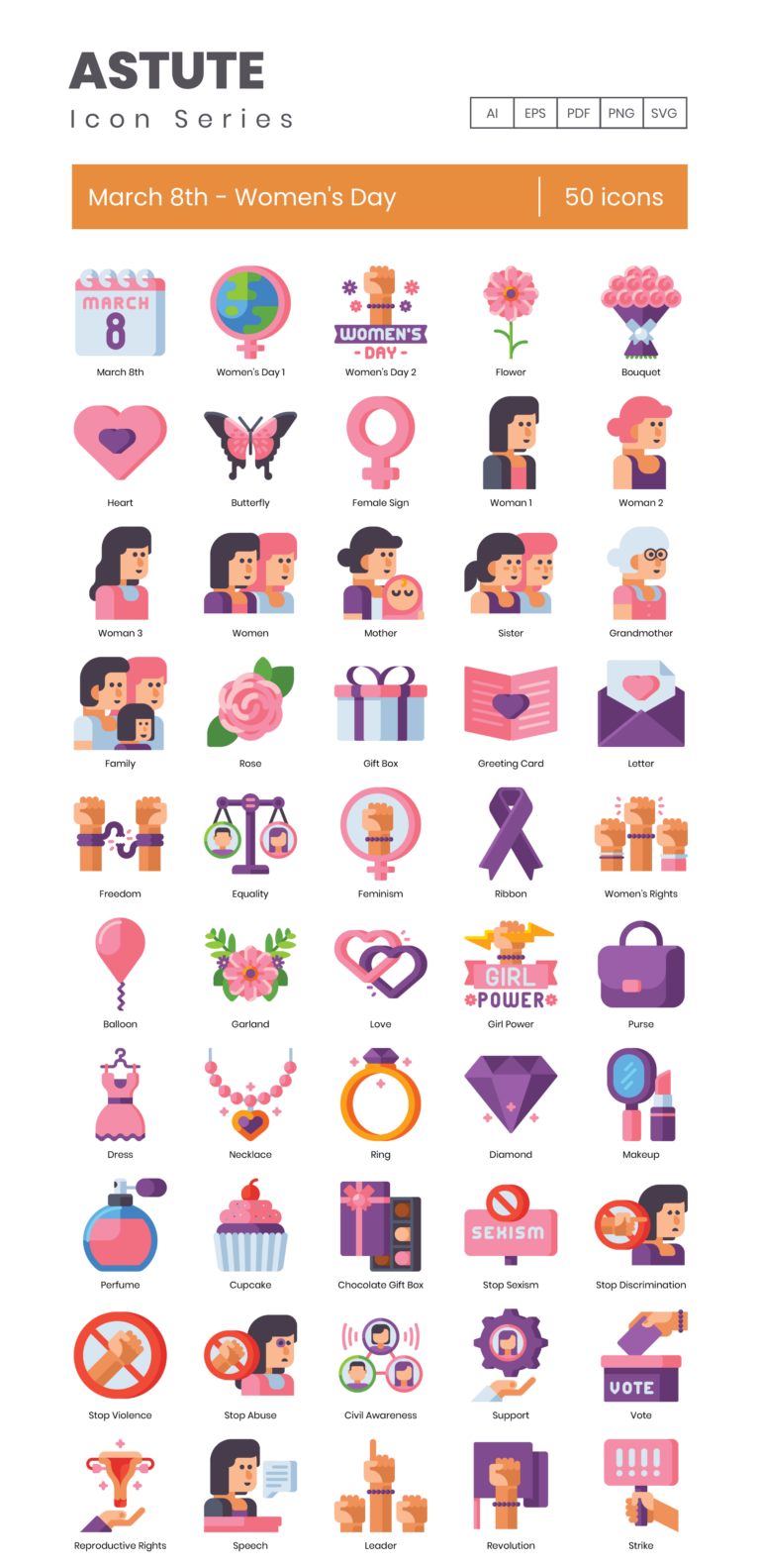 50 March 8th - Women's Day Icon Set - Flat Icons
