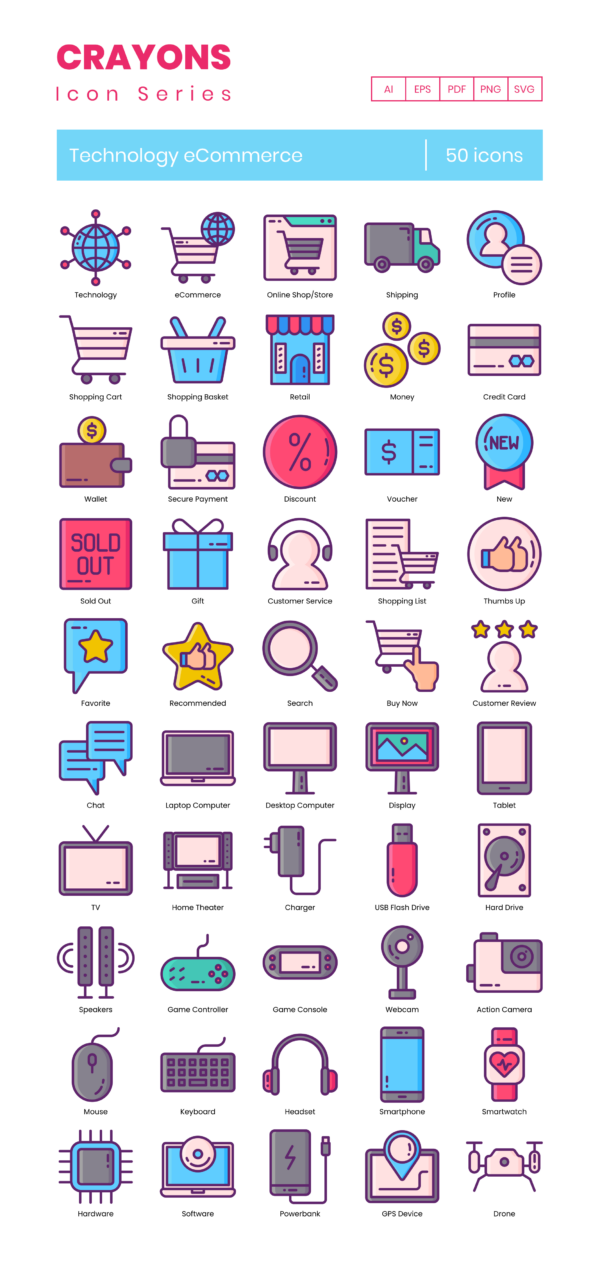 50 Technology eCommerce Icon Set - Flat Icons