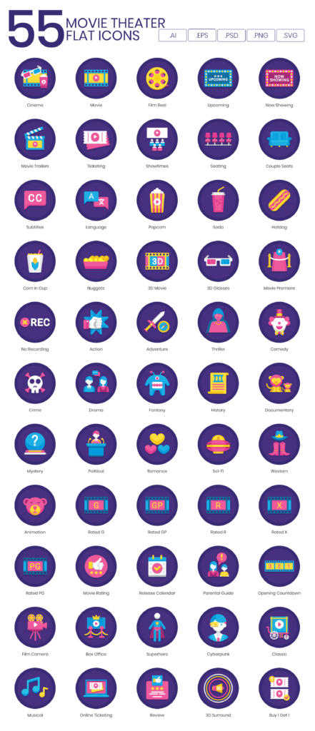55 Movie Theater Icon Set - Flat Icons