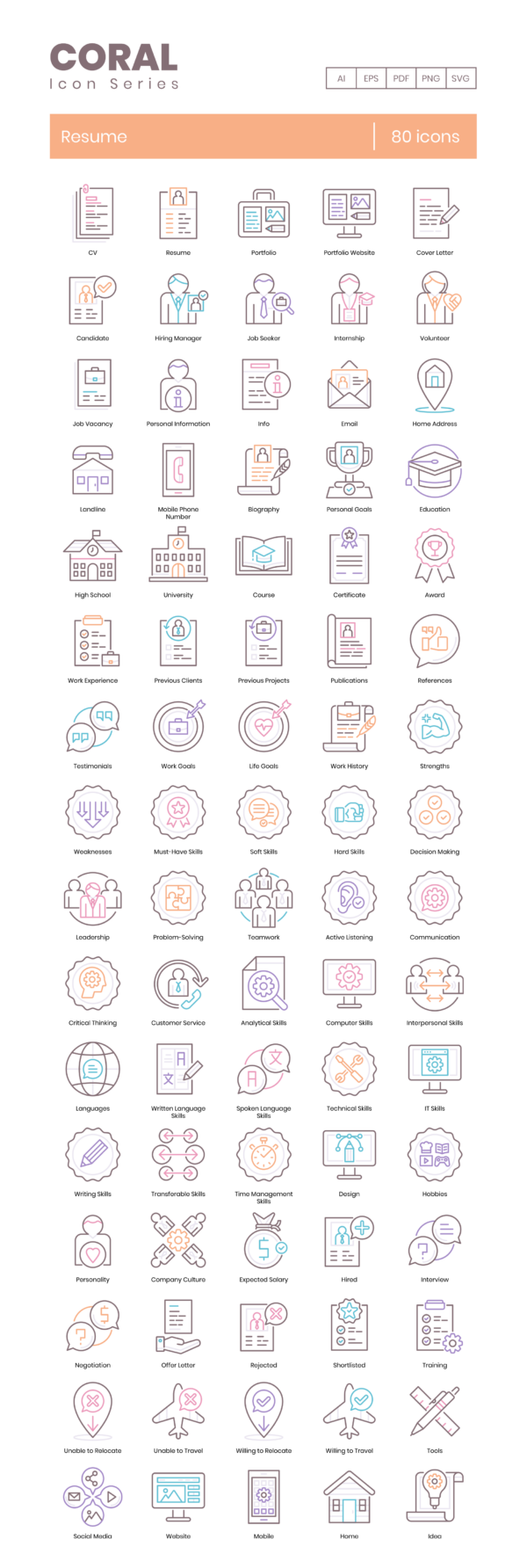 80 Career Profile Icon Set - Flat Icons