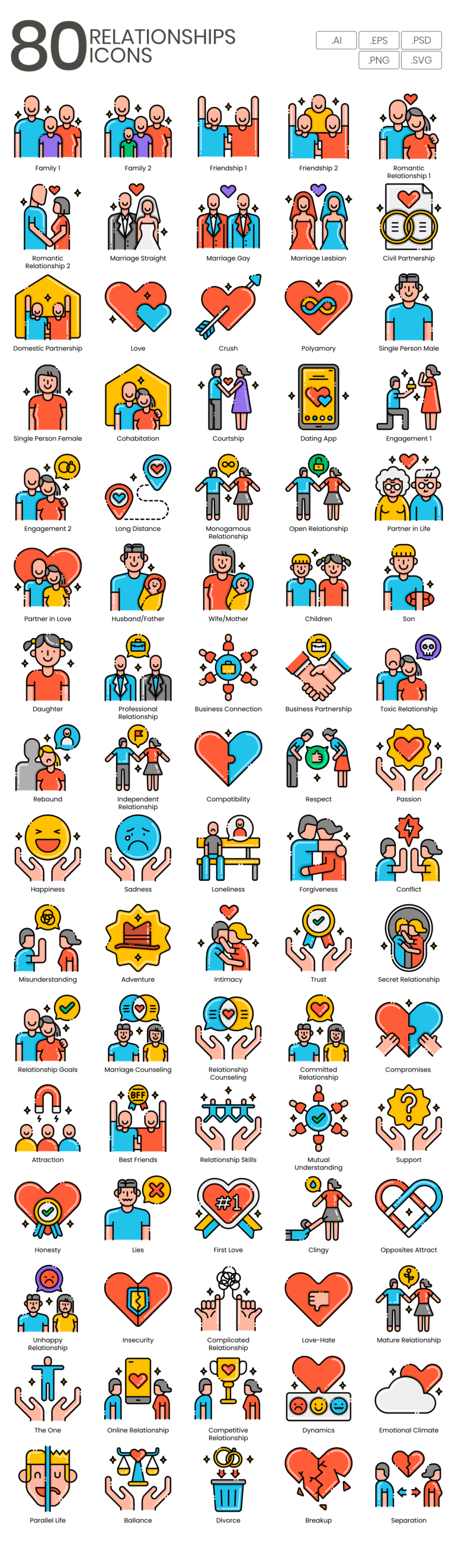 80 Interpersonal Connections Icon Set - Flat Icons