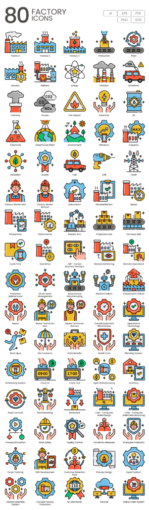 80 Manufacturing Plant Icon Set - Flat Icons