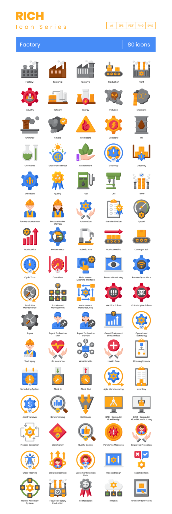 80 Production Plant Icon Set - Flat Icons