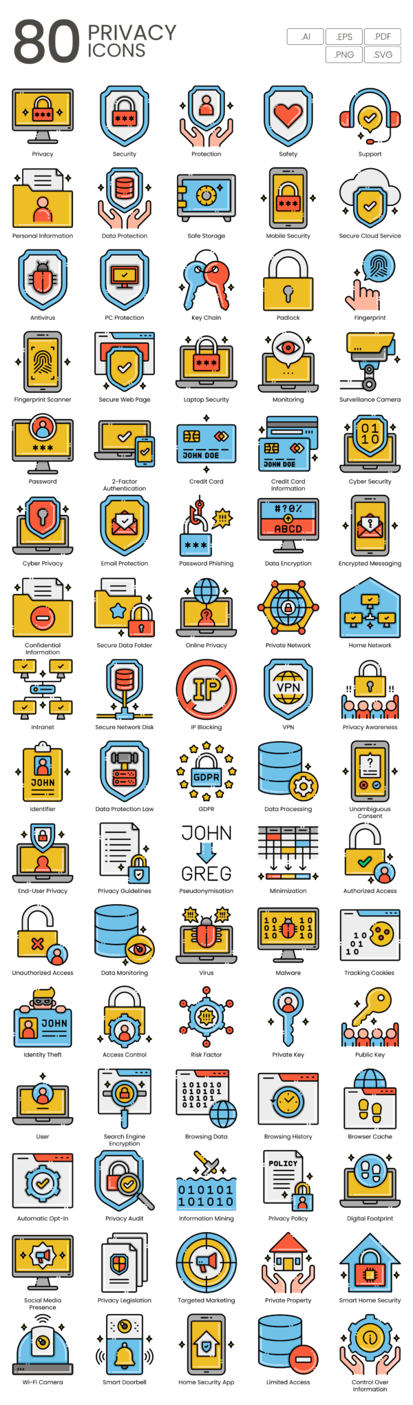 80 Web Privacy Icon Set - Flat Icons