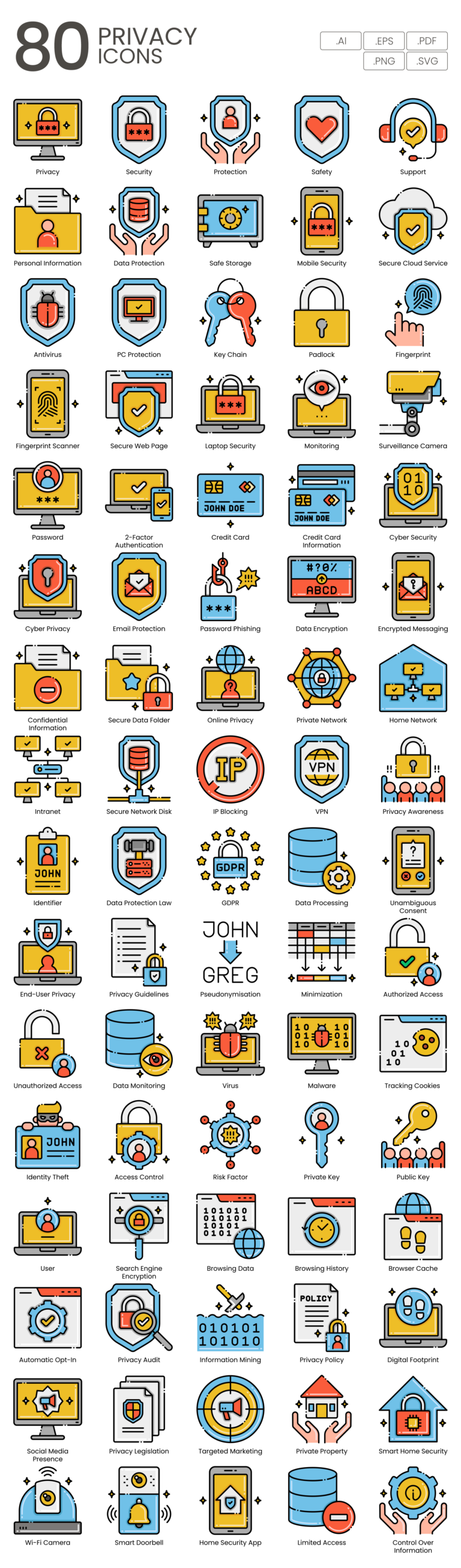 80 Web Privacy Icon Set - Flat Icons