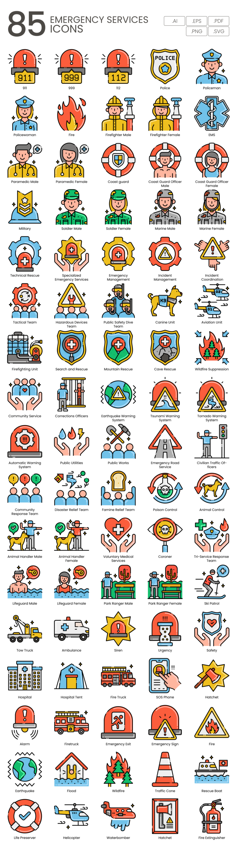 85 Emergency Services Icon Set - Flat Icons