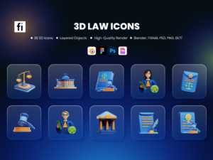3D Law Icon Set - Flat Icons
