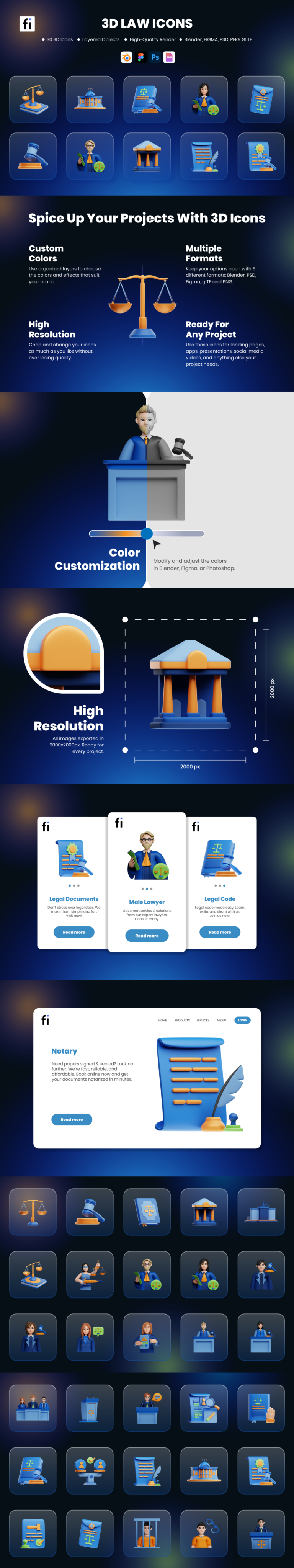 3D Law Icon Set - Flat Icons