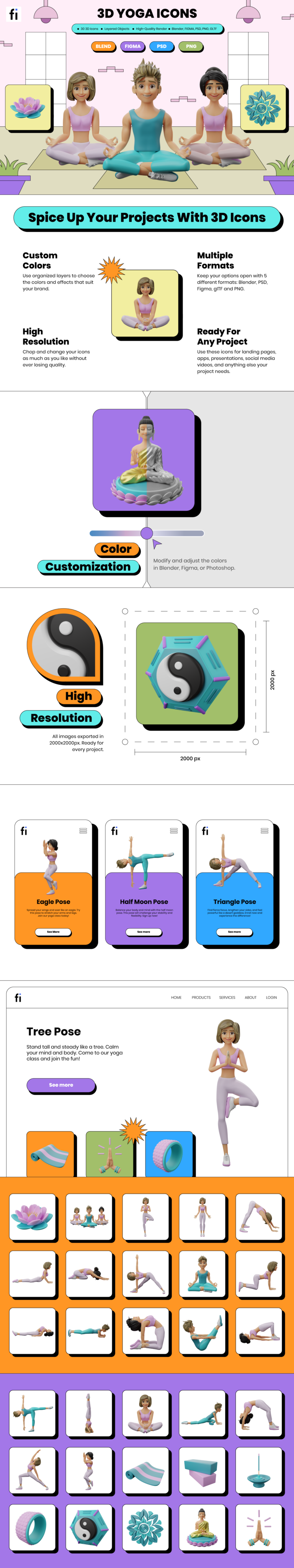 3D Yoga Icon Set - Flat Icons