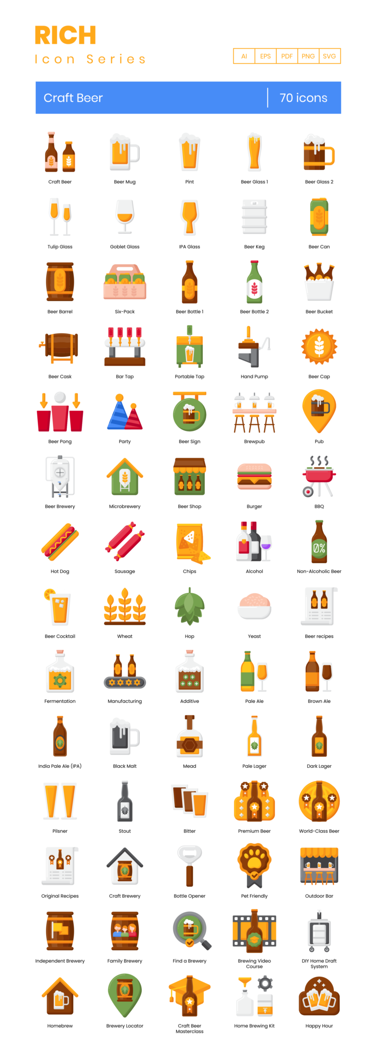 70 Artisanal Beer Icon Set - Flat Icons