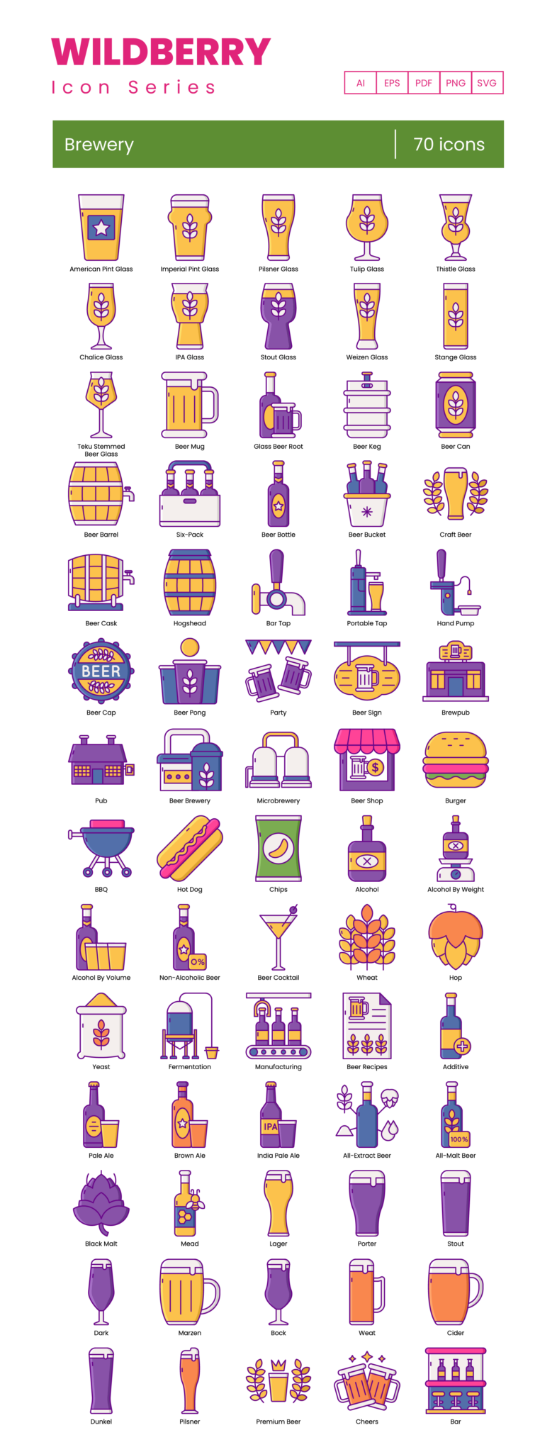 70 Brewery Icon Set - Flat Icons