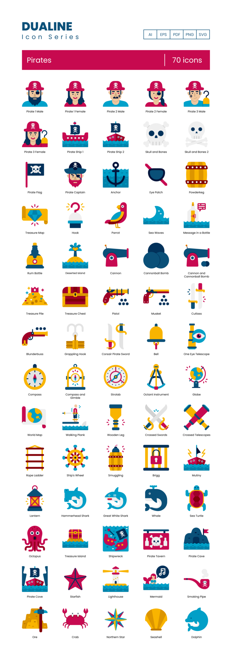 70 Pirates Icon Set - Flat Icons