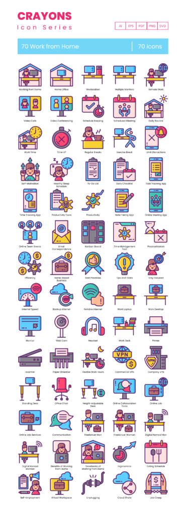 70 Remote Work Icon Set - Flat Icons