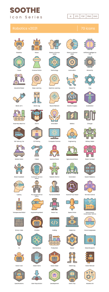 70 Robotic Technology Icon Set - Flat Icons