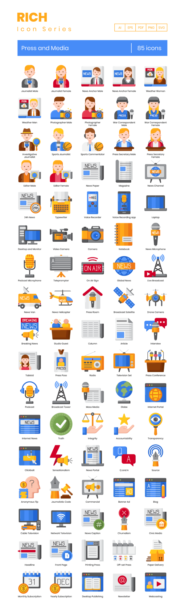 85 Press and Media Icon Set - Flat Icons