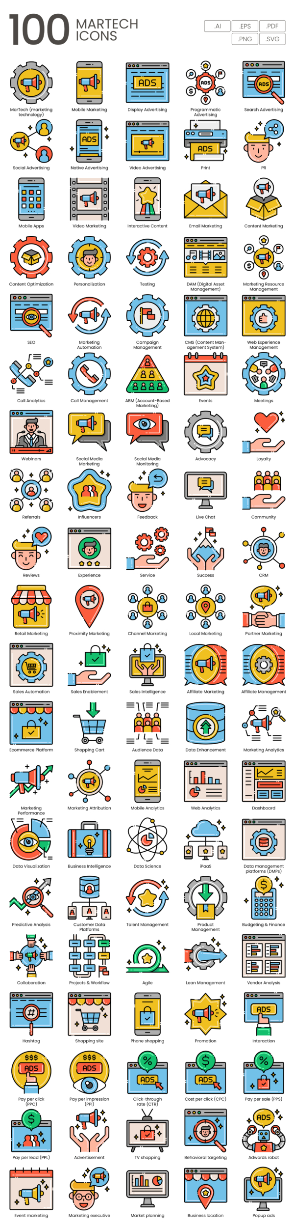 100 MarTech Icon Set - Flat Icons