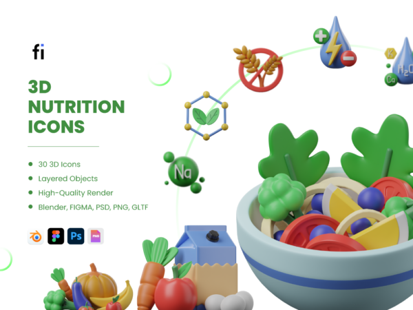 3D Nutrition Icon Set - Flat Icons