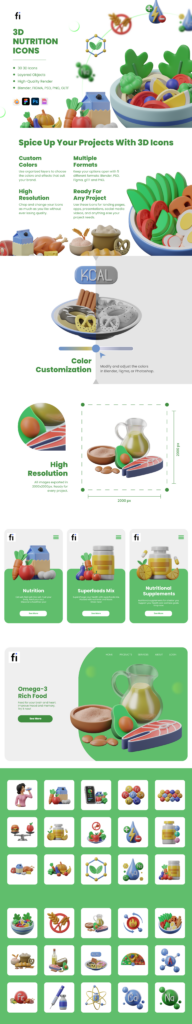 3D Nutrition Icon Set - Flat Icons