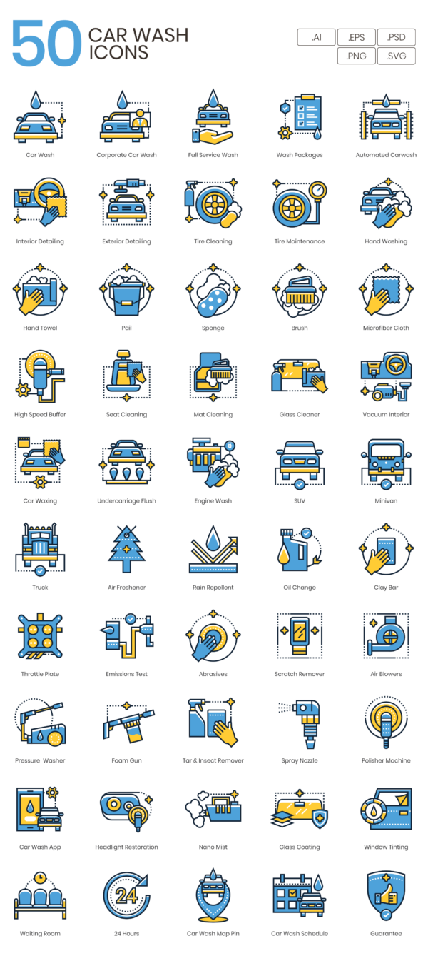 50 Car Cleaning Icon Set - Flat Icons