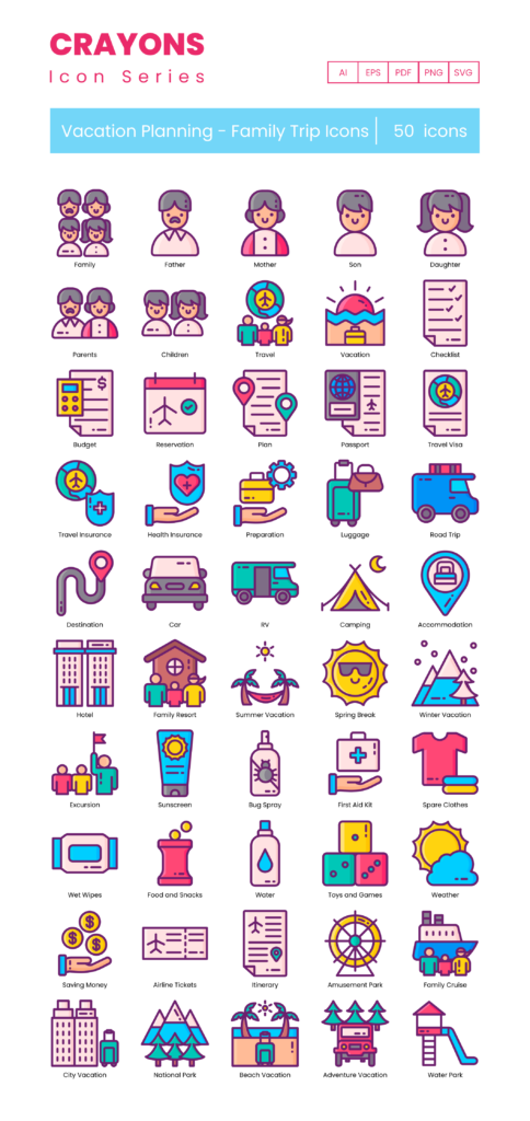 50 Family Adventure Icon Set - Flat Icons