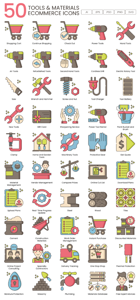 50 Hardware eCommerce Icon Set - Flat Icons