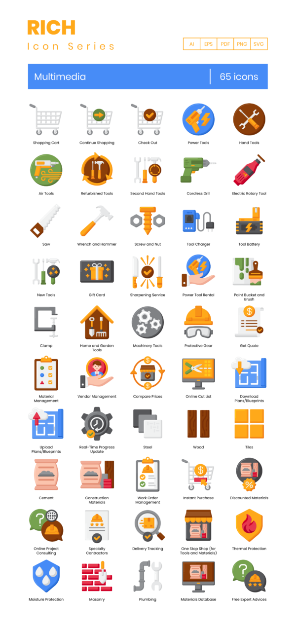 50 Tools and Materials eCommerce Icon Set - Flat Icons