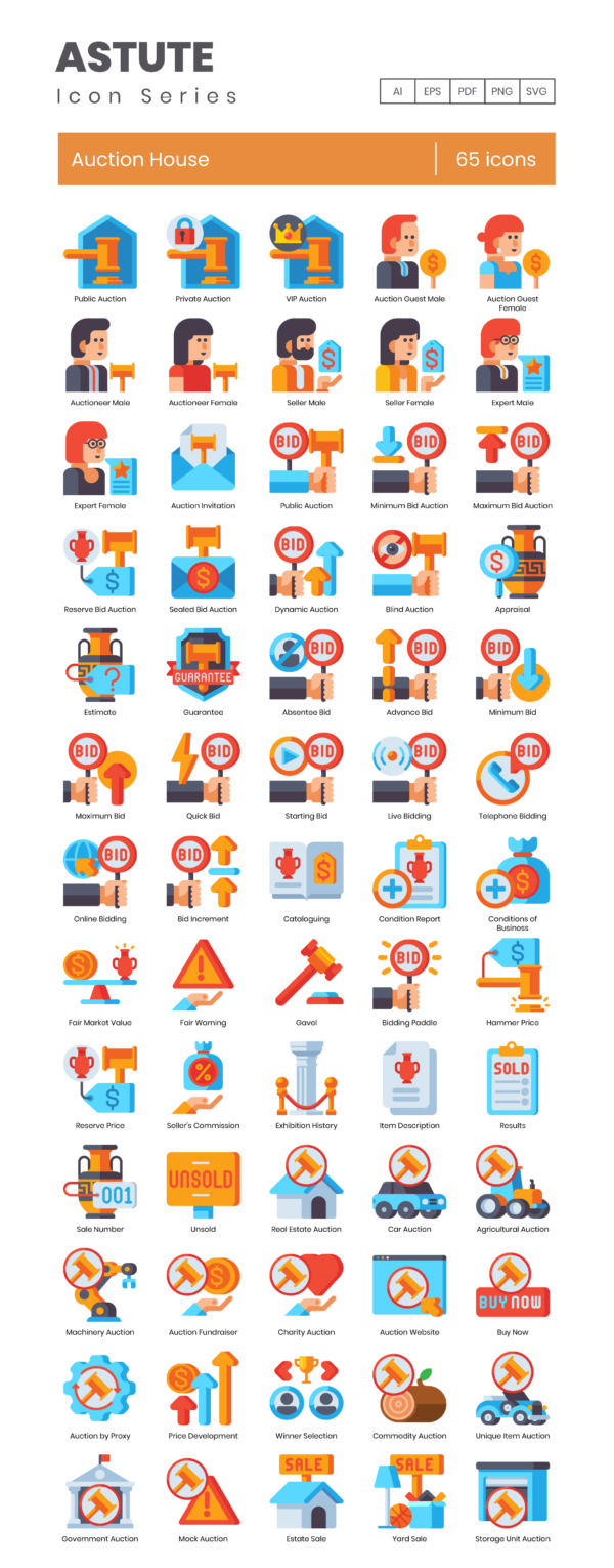 65 Auction House Icon Set - Flat Icons