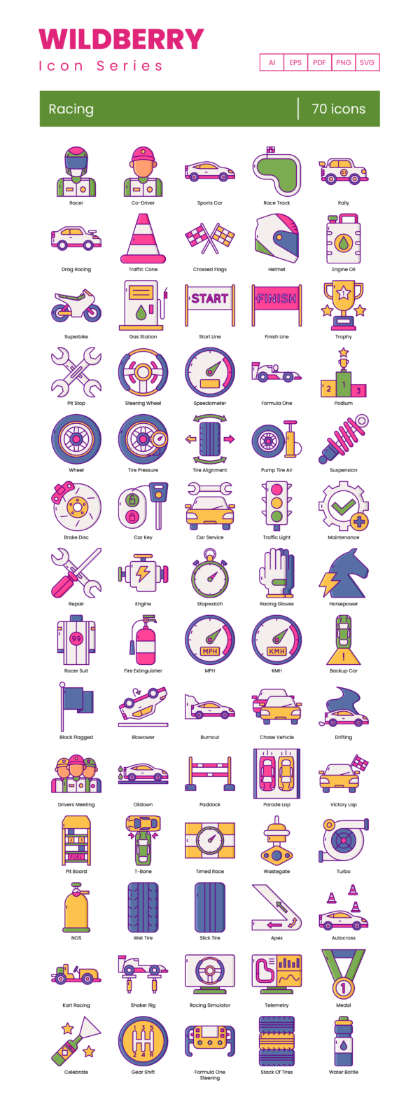 70 Racing Contest Icon Set - Flat Icons
